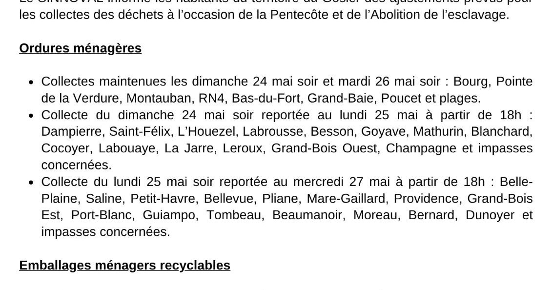 Organisation des collectes sur le territoire du Gosier à l'occasion de ...